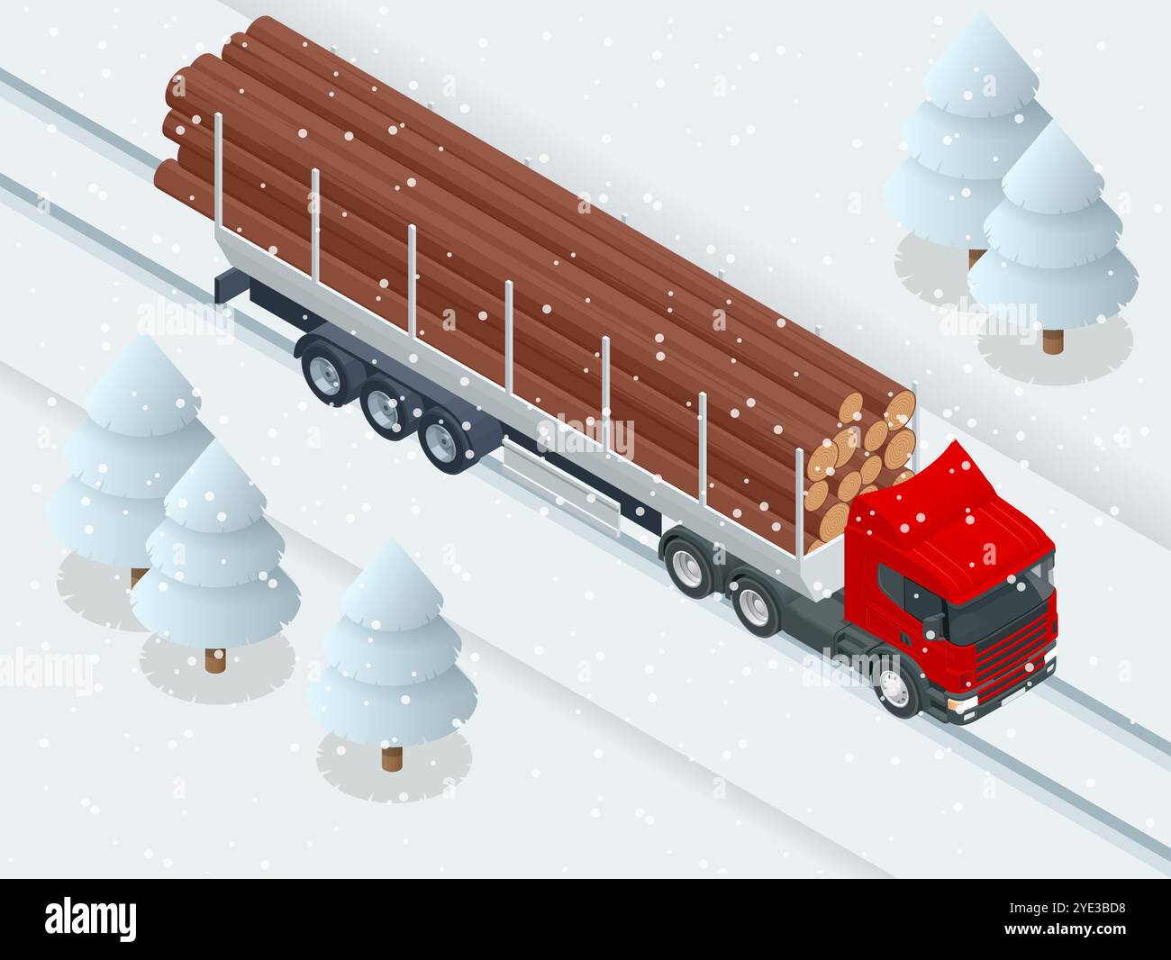 Isometric Truck with trailer loaded with tree trunks. powerful big rig ...