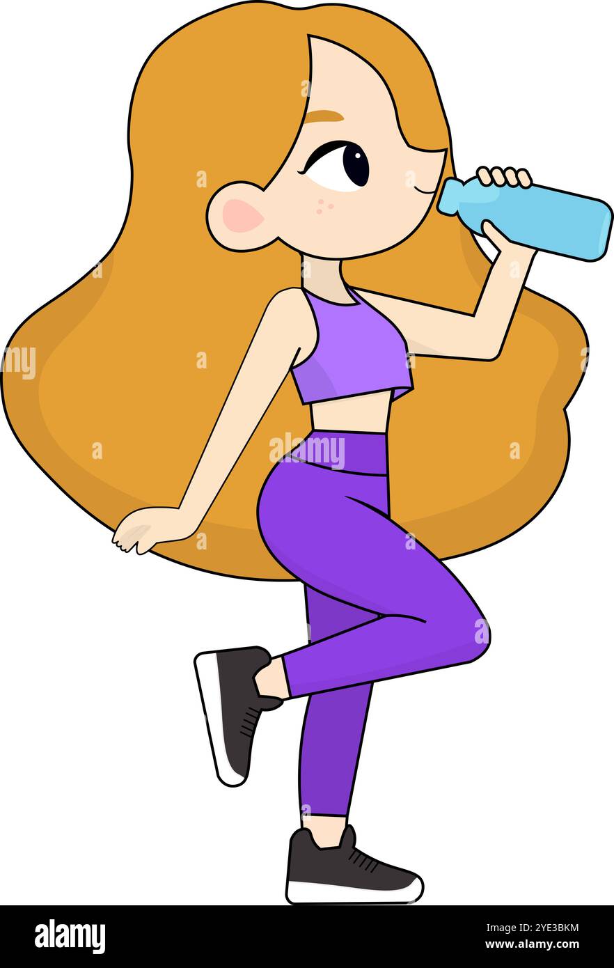 Blonde girl drinking water, in gym clothes, hydrating, illustration ...