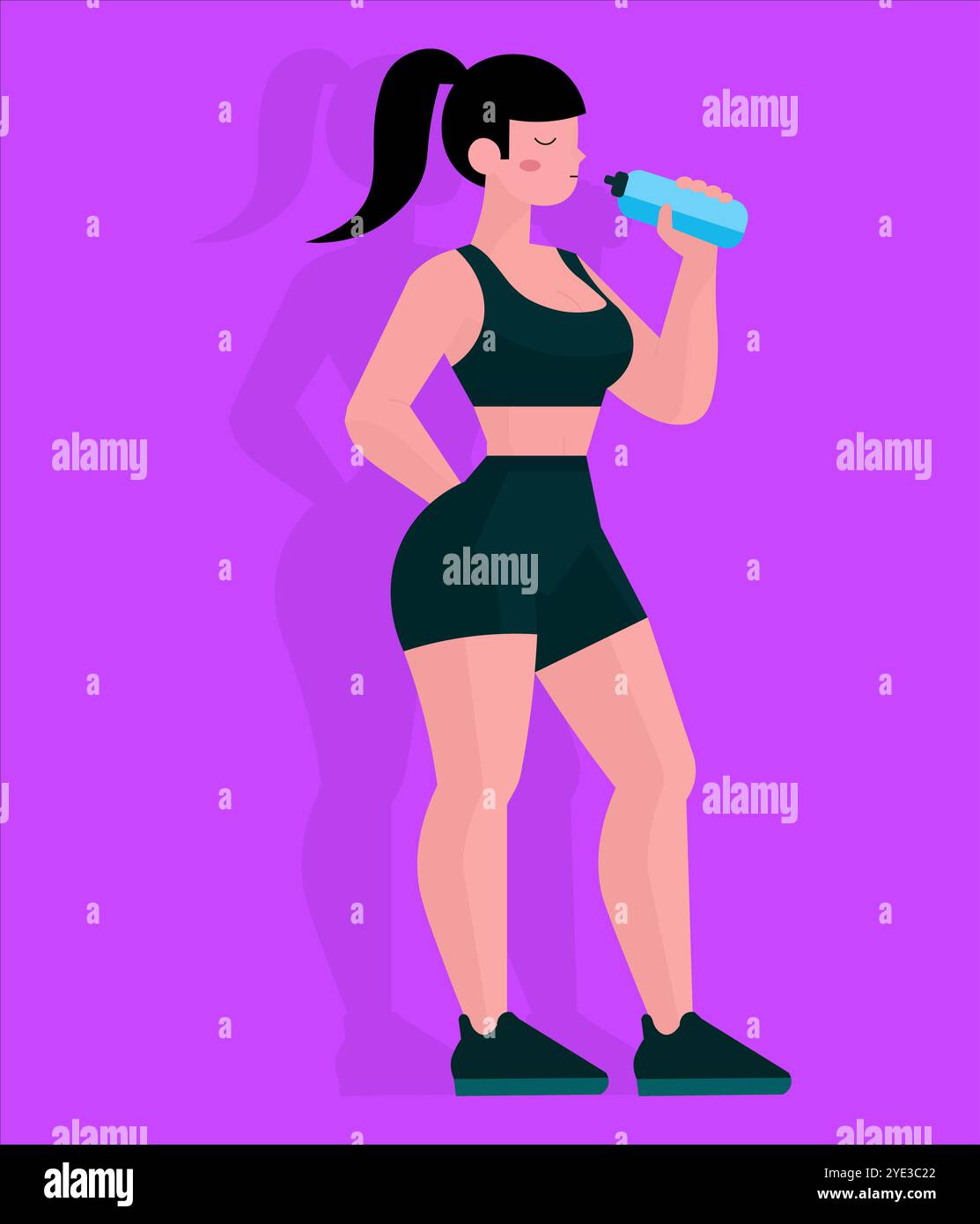 Girl drinking water, in gym clothes, hydrating, illustration Stock ...