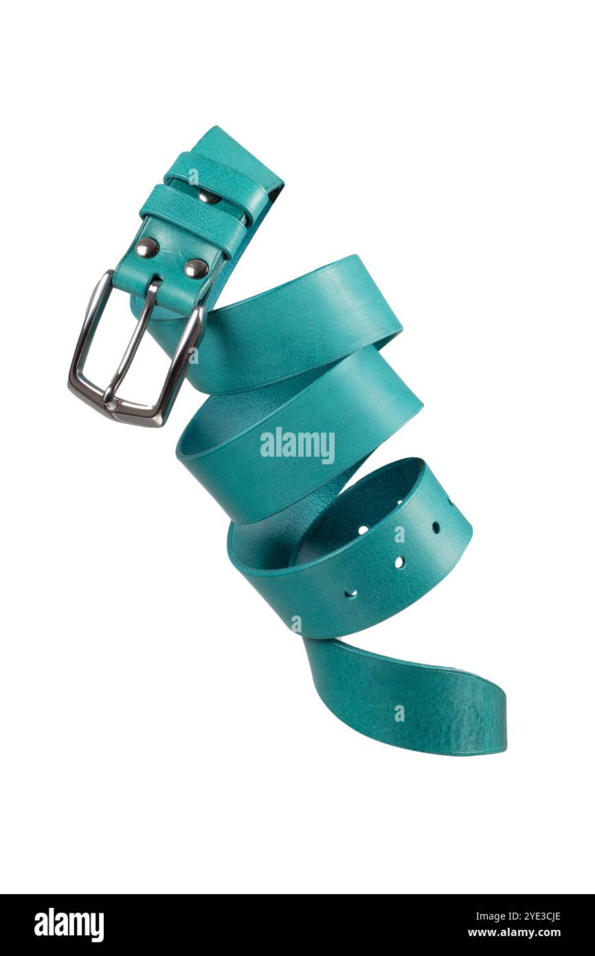 Green leather belt coiled on a white background Stock Photo - Alamy