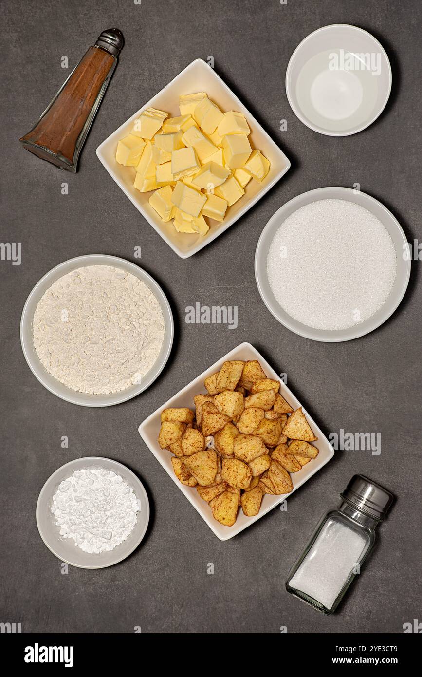 Blank photography of raw ingredients of american apple pie, wheat flour ...