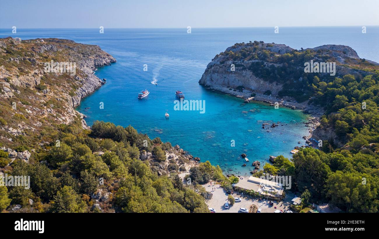 Boats in the Anthony Quinn bay on the island of Rhodos in Greece. This ...
