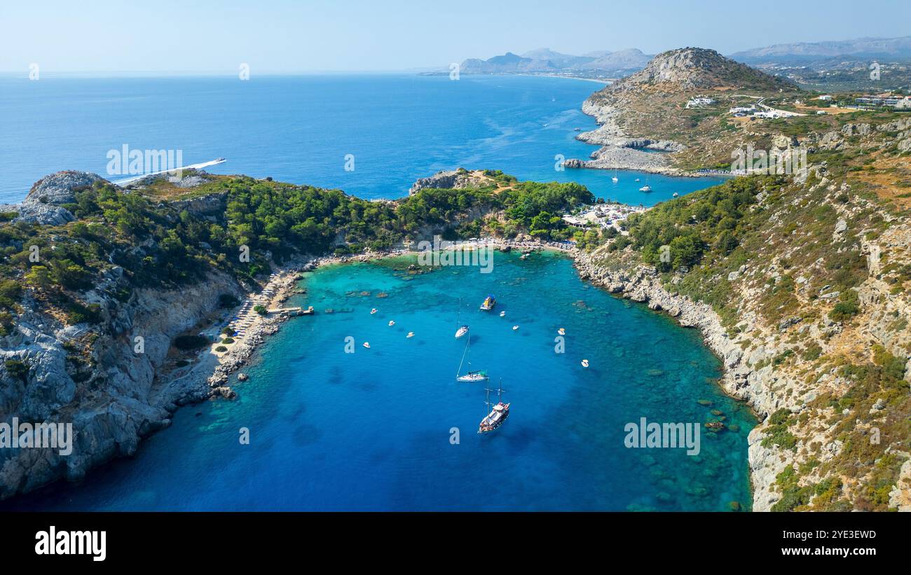 Boats in the Anthony Quinn bay on the island of Rhodos in Greece. This ...