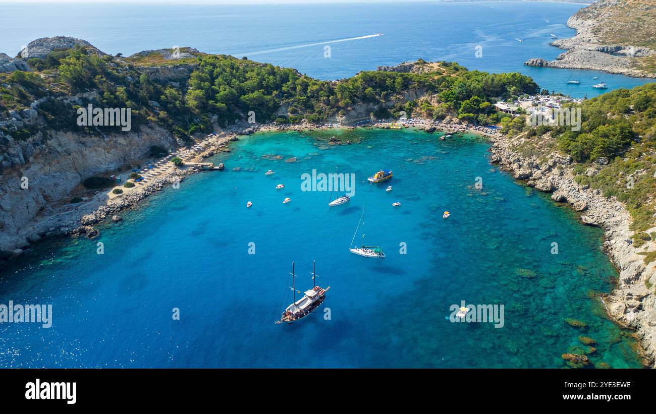 Boats in the Anthony Quinn bay on the island of Rhodos in Greece. This ...