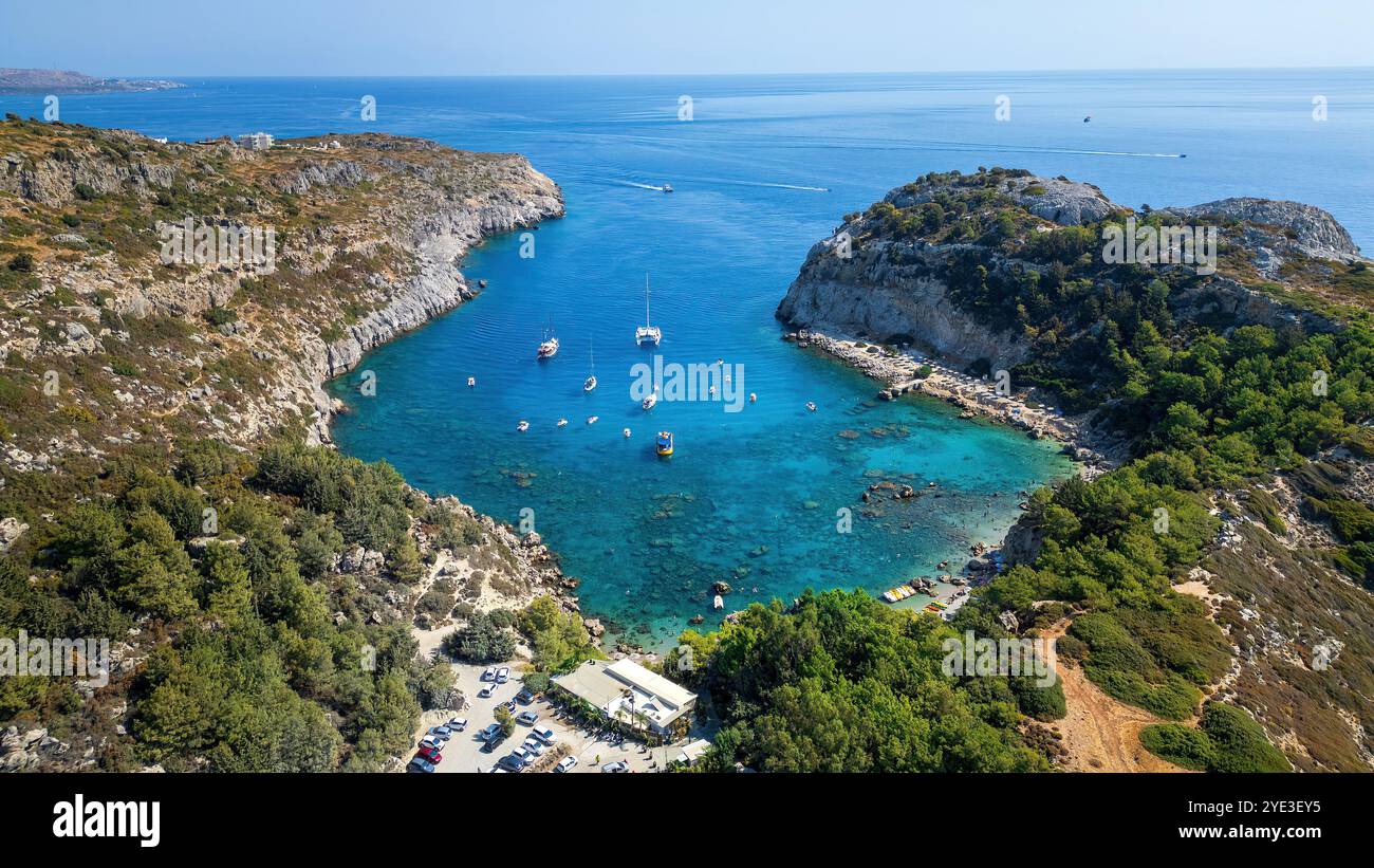 Boats in the Anthony Quinn bay on the island of Rhodos in Greece. This ...