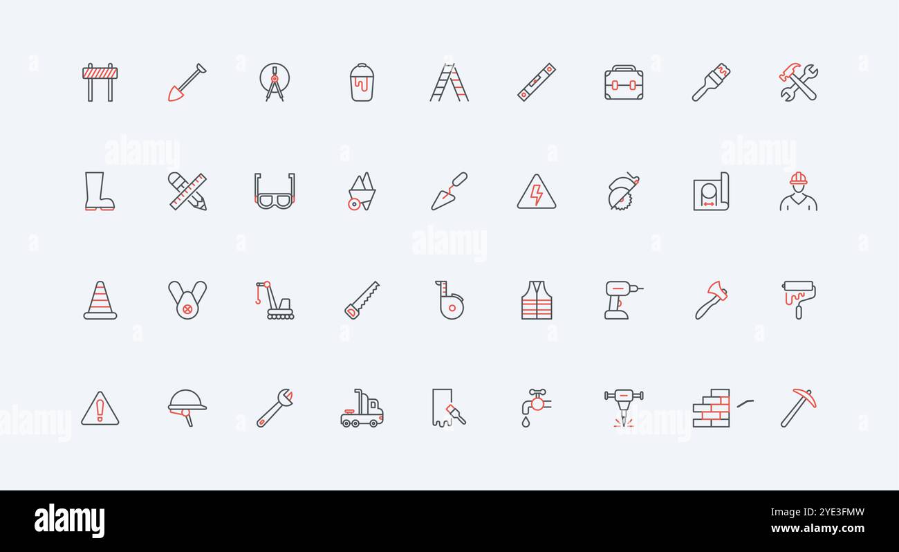 Builders equipment and tools, blueprint and compass of engineer line ...