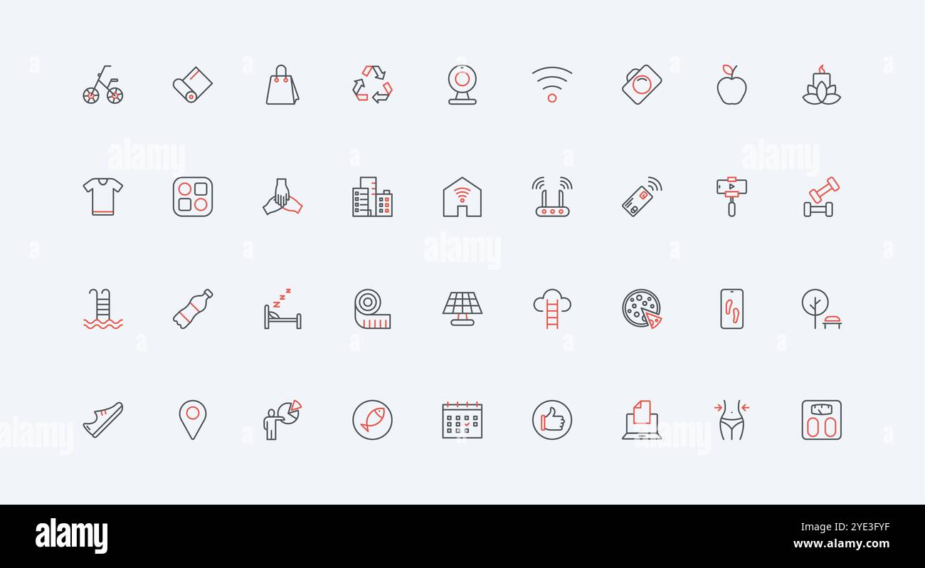 Daily life in city, devices and gadgets for modern sustainable lifestyle line icon set. Everyday ...