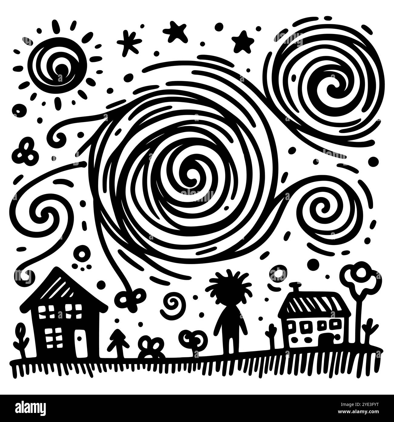 Black and white vector line art illustration of a child's drawing of a ...