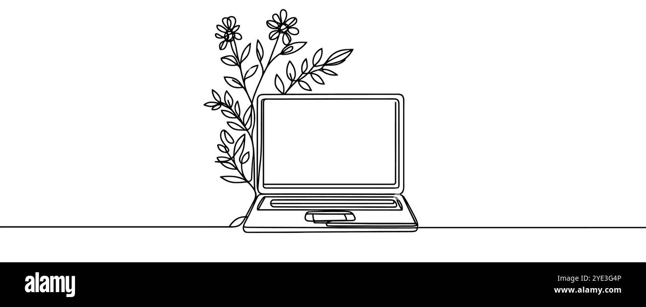 Continuous line is drawing a laptop computer on a white background ...