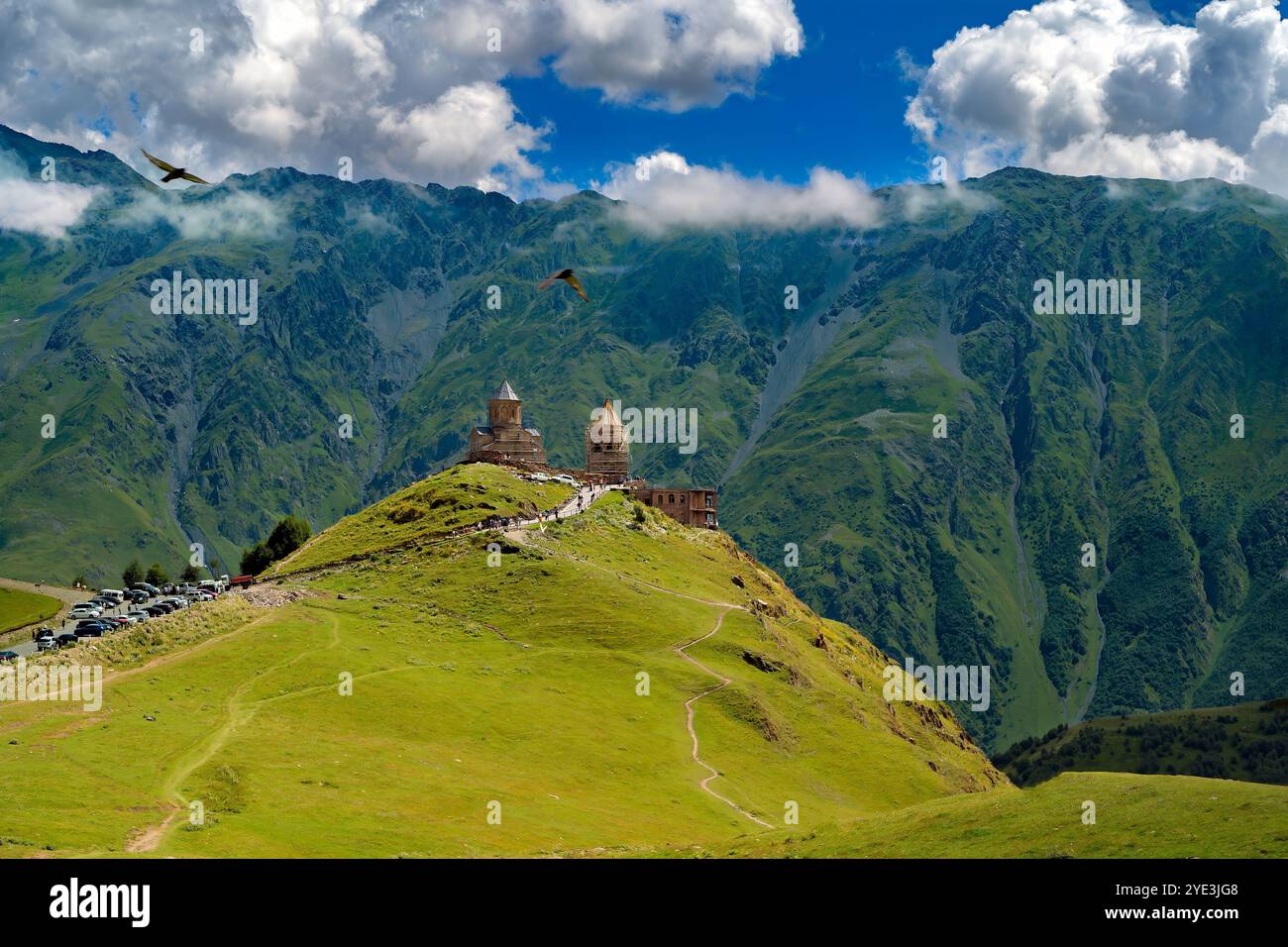 View of Gergeti Trinity Church (Tsminda Sameba) in Kazbegi, Georgia ...
