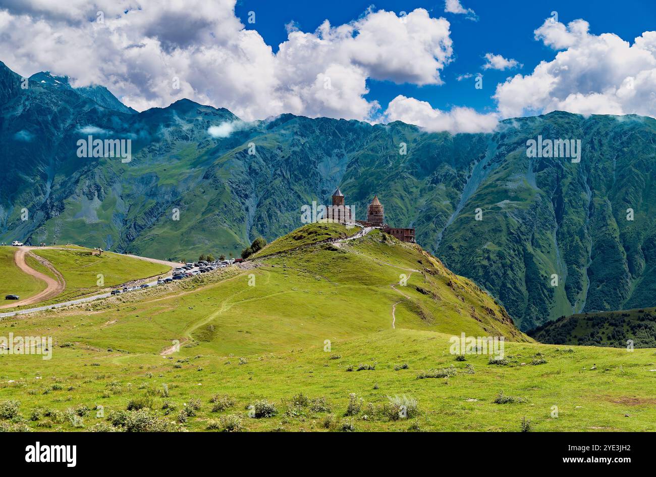 View of Gergeti Trinity Church (Tsminda Sameba) in Kazbegi, Georgia ...