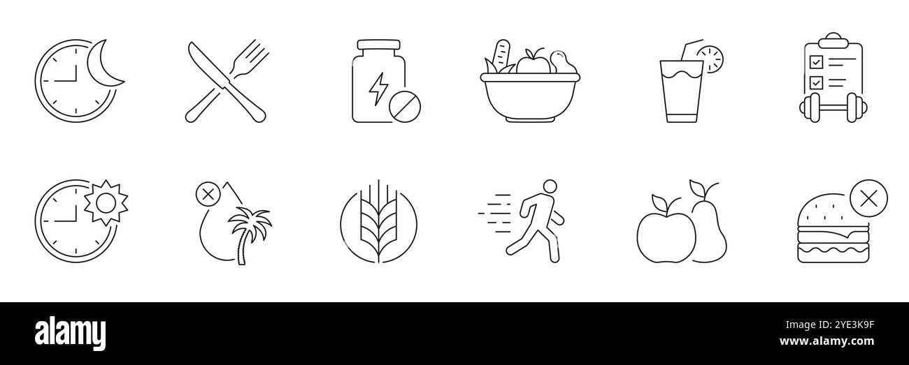 Nutrition and Wellness Line Icon Set for Diet and Fitness Planning ...
