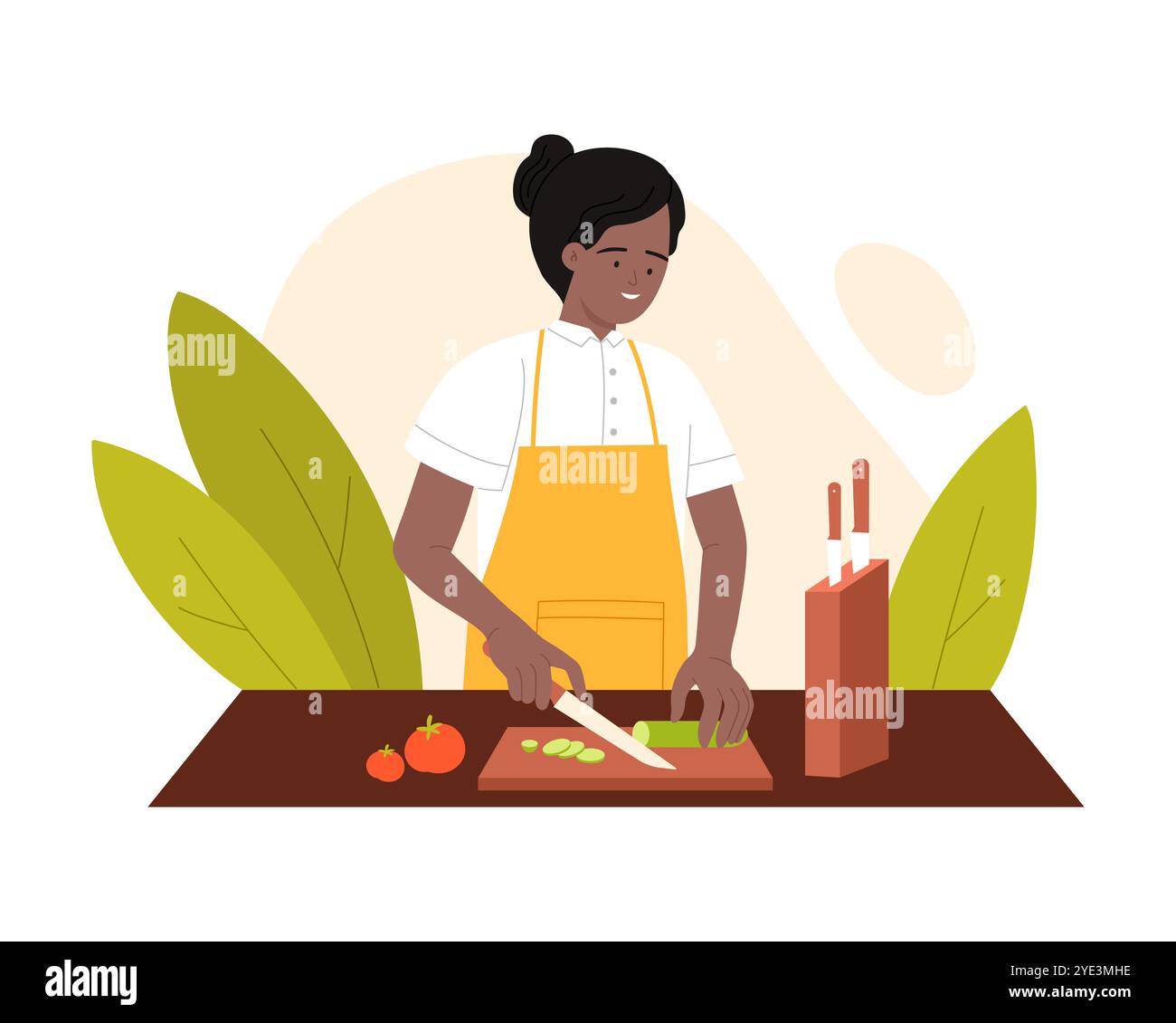 Woman in chefs uniform and apron cutting vegetables on board with ...