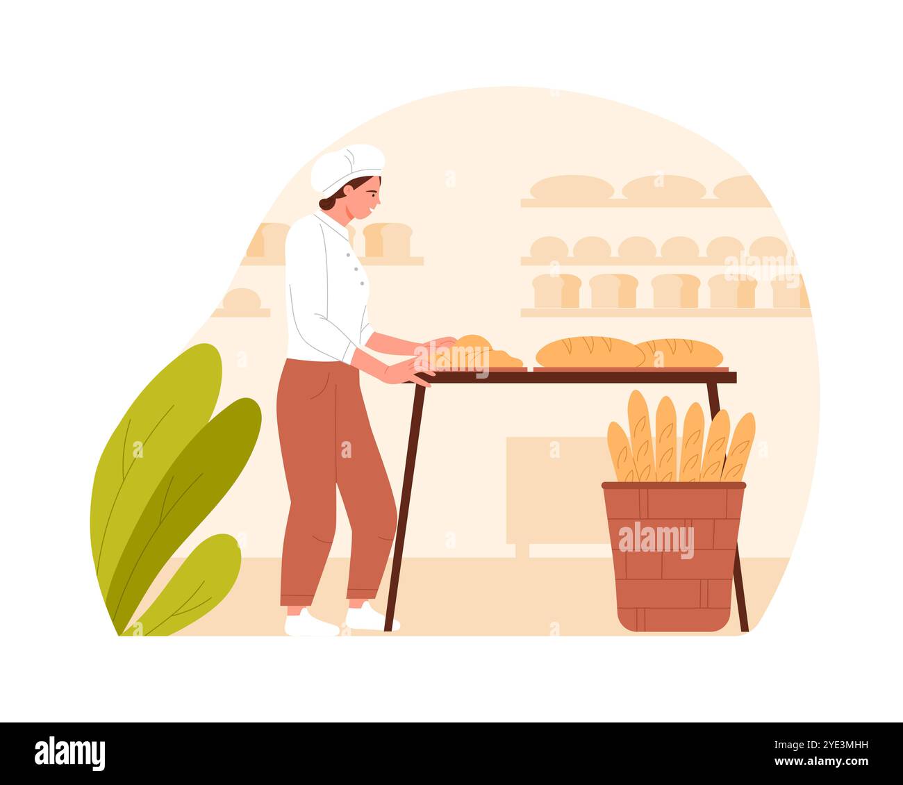 Woman in uniform and bakers hat baking bread at bakery vector ...