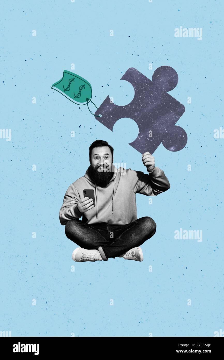 Vertical poster collage young man puzzle piece connect fragment label ...