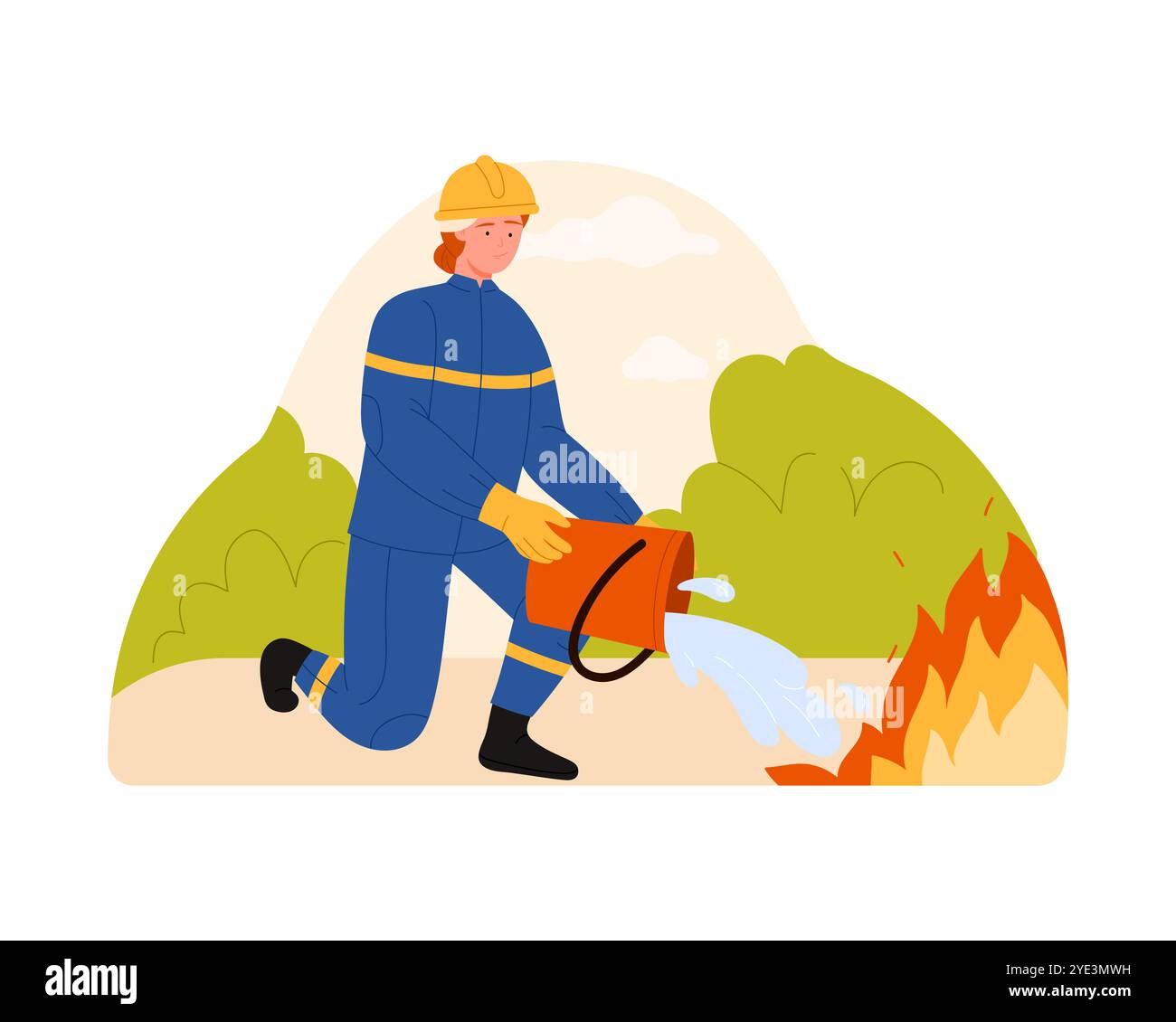 Woman in firefighters uniform and helmet extinguishing fire with water ...