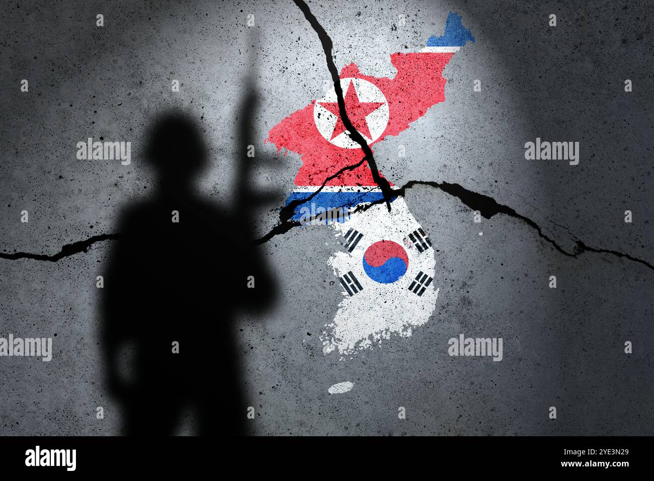 Flags of North Korea and South Korean painted on the concrete wall with ...