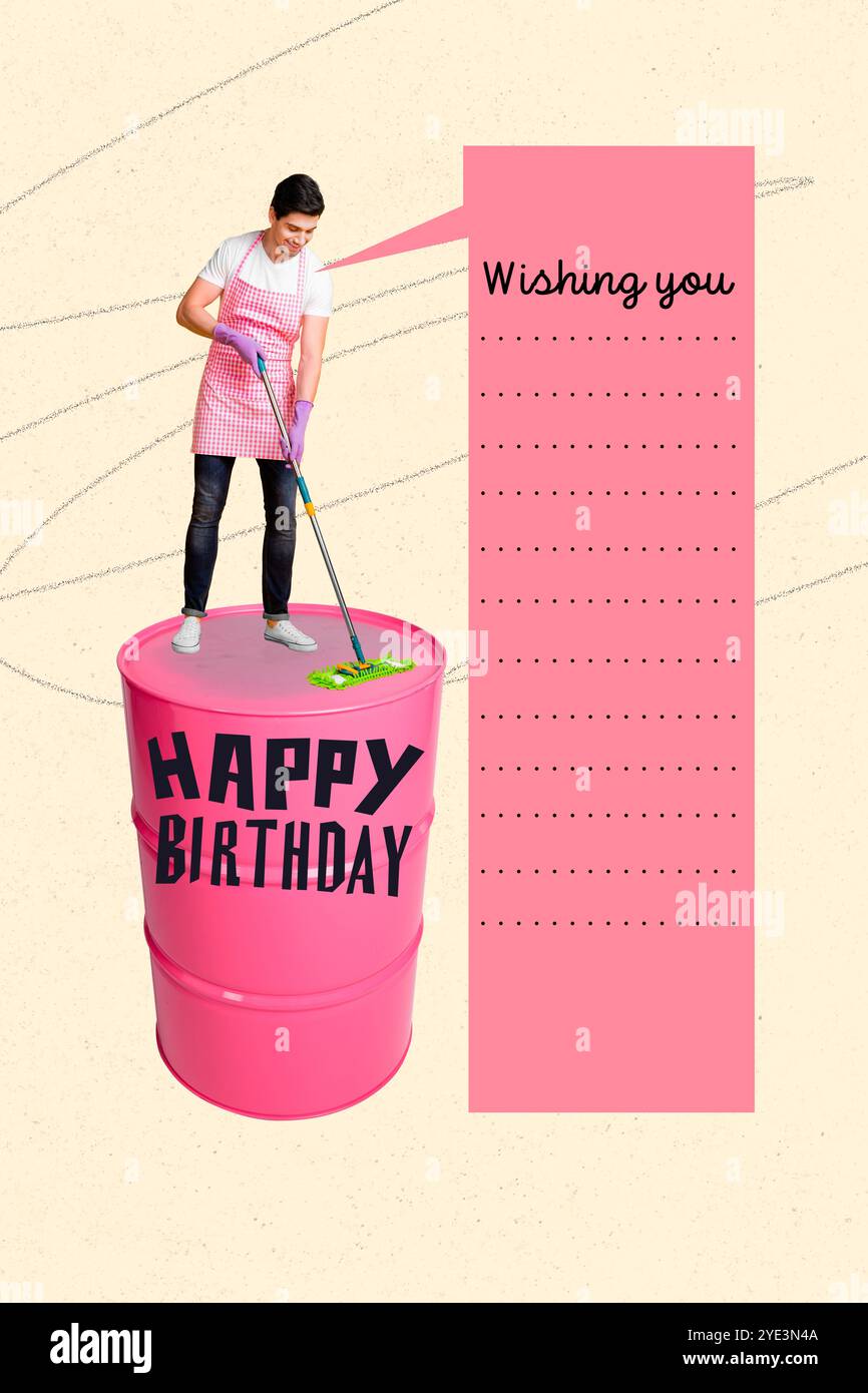 Vertical photo collage of happy man housekeeper birthday party ...