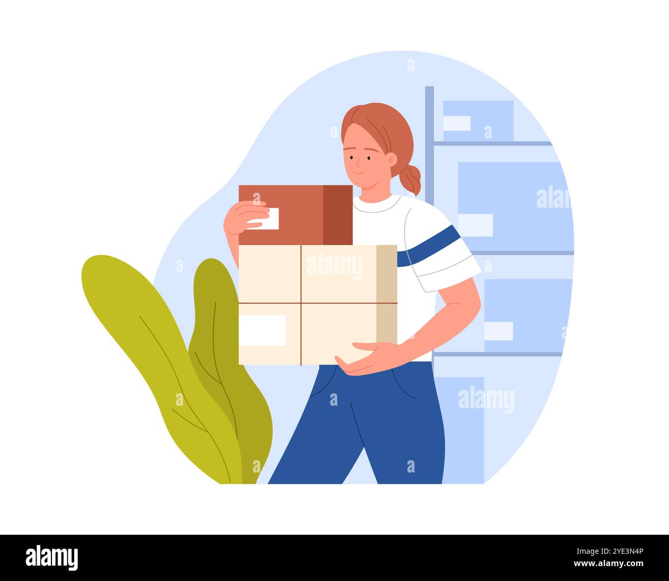 Courier carrying boxes, girl holding paper bags from post office vector ...