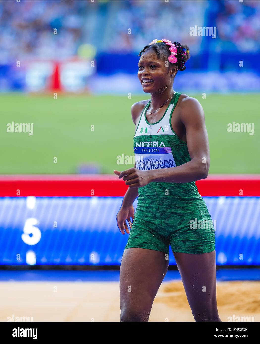 Prestina Oluchi Ochonogor participating in the long jump at the Paris ...