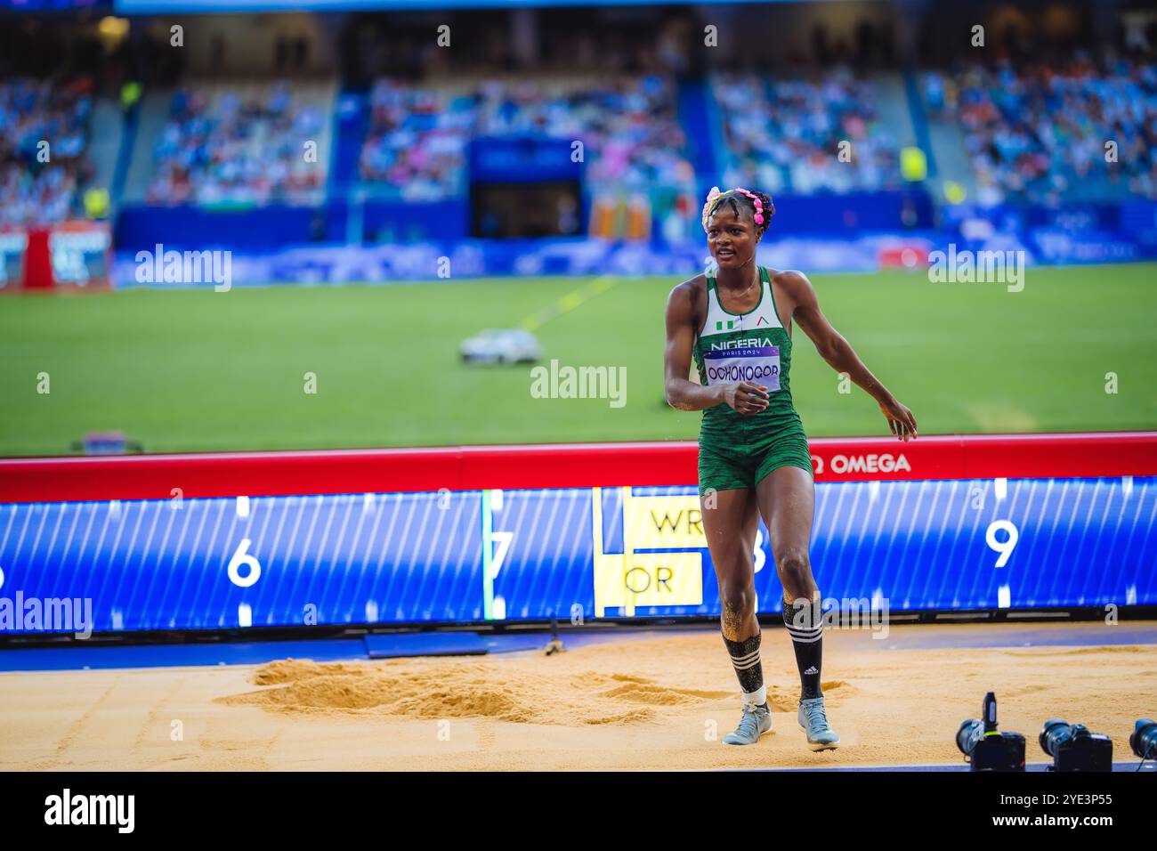 Prestina Oluchi Ochonogor participating in the long jump at the Paris ...