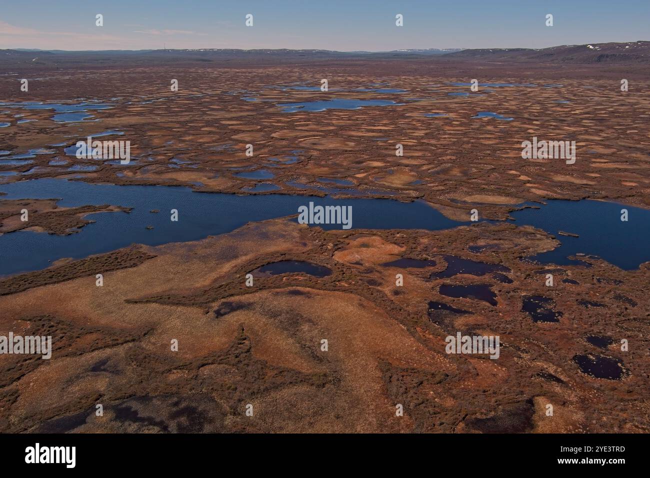 Aerial view of palsa mires at Ferdesmyra nature preserve in clear ...