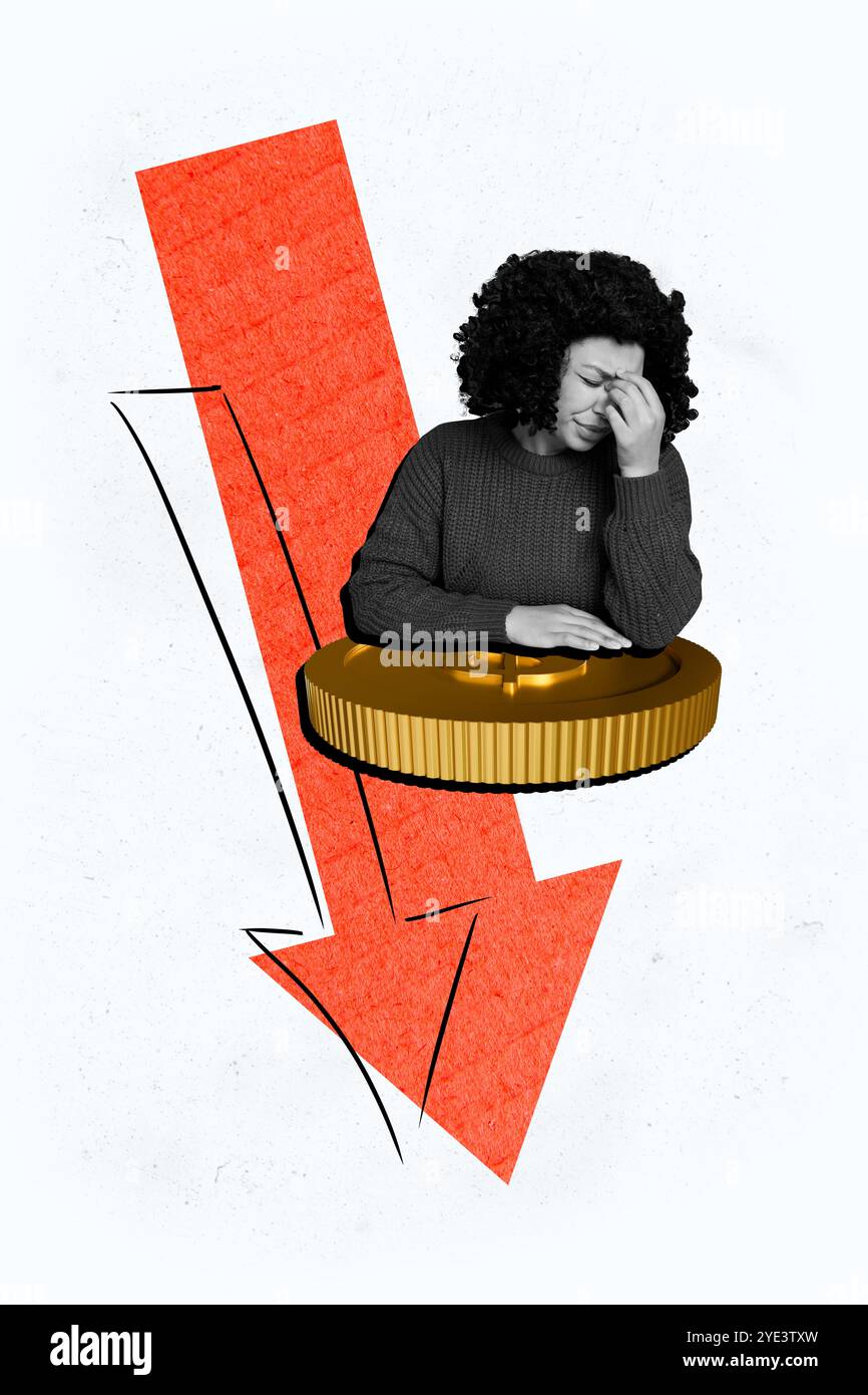 Vertical photo collage of upset american girl cry sit coin arrow ...