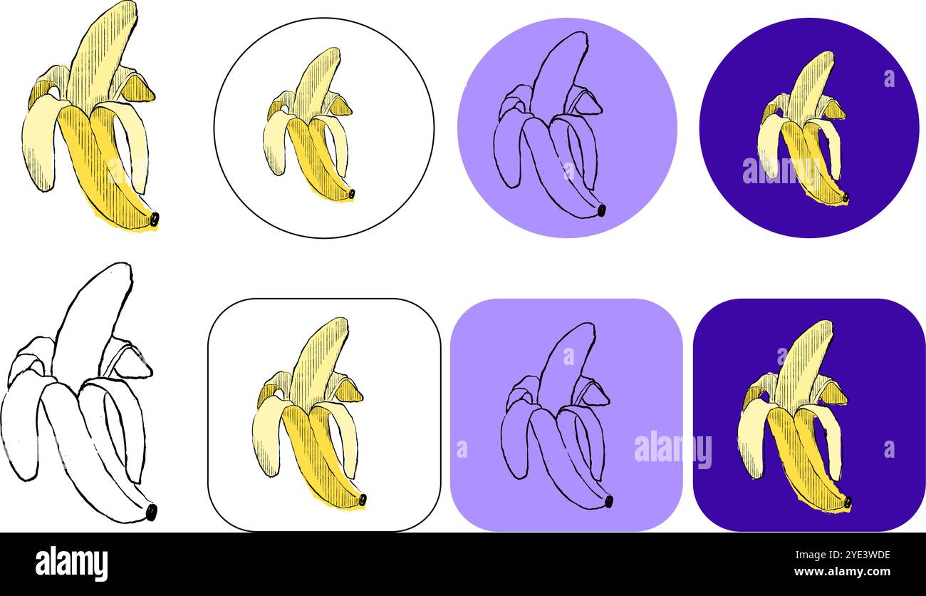 Banana Fruit Vector logo in circle and square frame, Banana Vector Illustration, Banana graphic ...