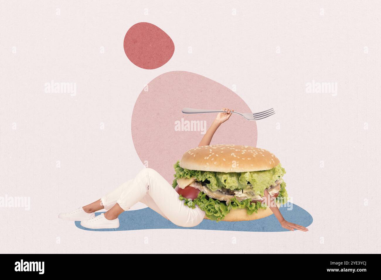 Creative trend collage of female burger body eating fast food fork ...