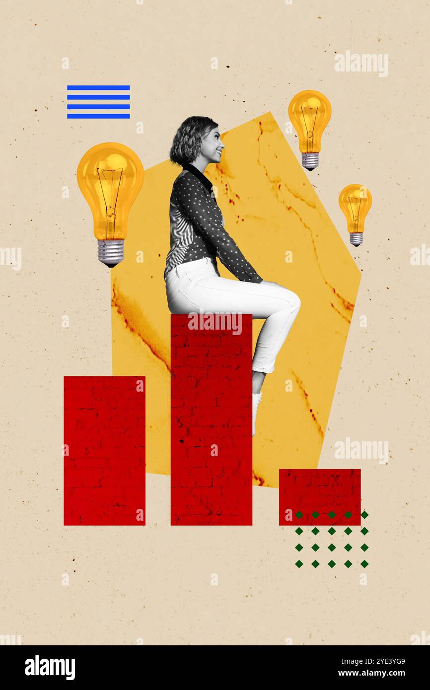 Vertical photo collage of happy businesswoman sit progress chart light ...