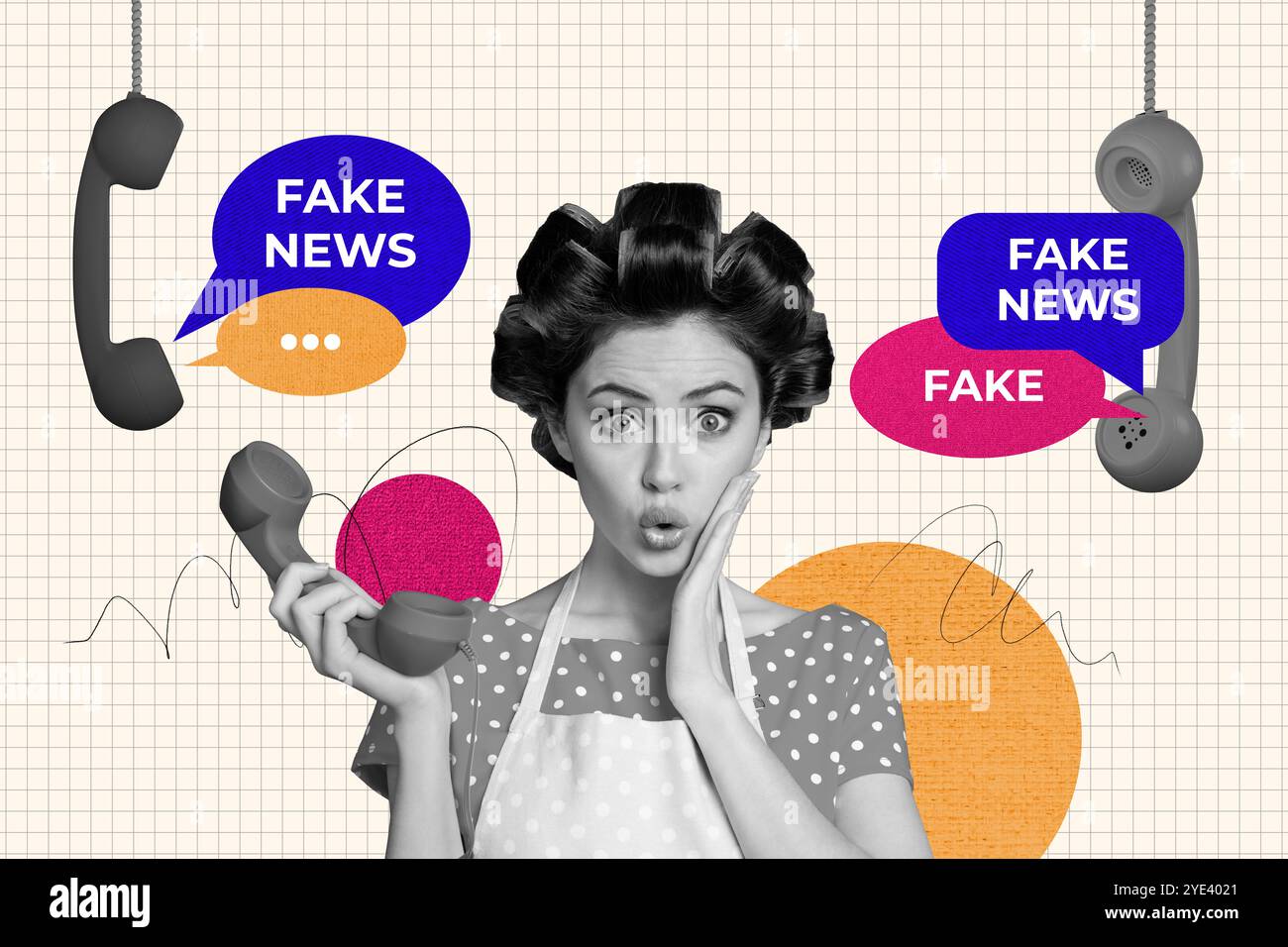 Creative collage young shocked houseworker woman apron telephone call ...