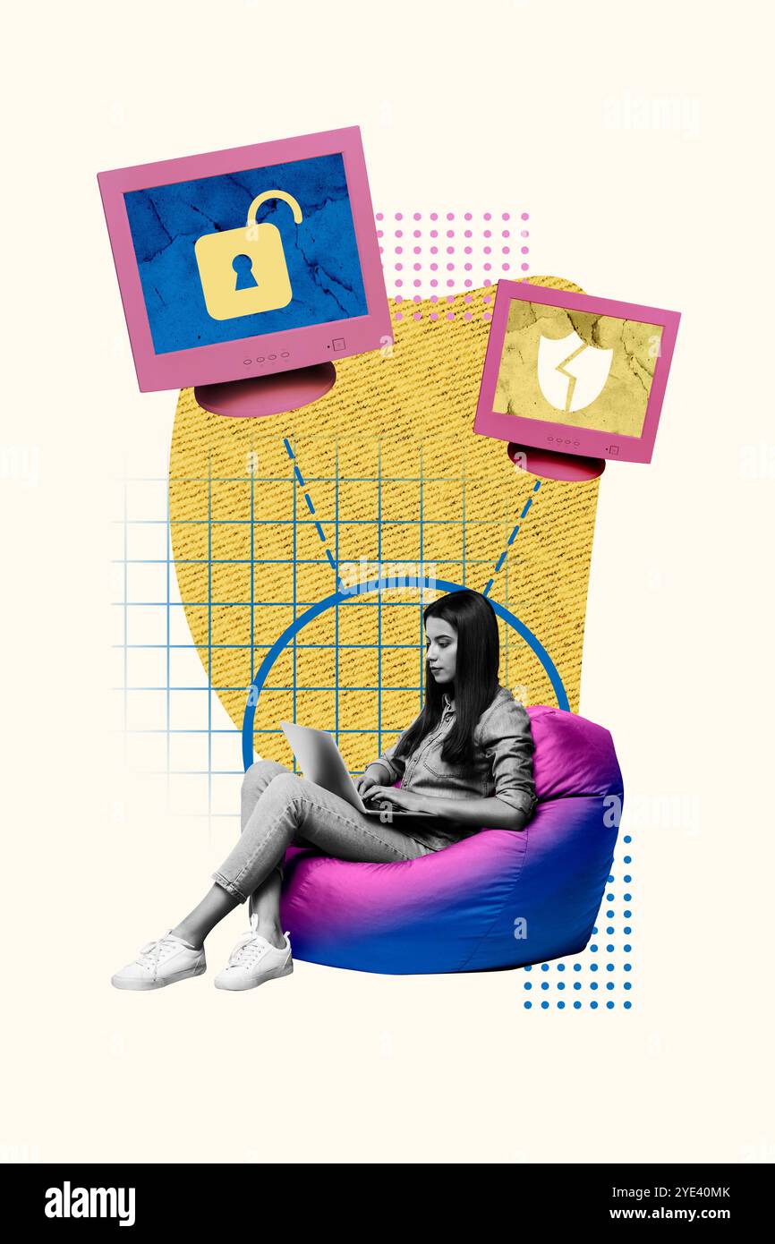 Vertical photo collage of serious it master girl type laptop sit ...