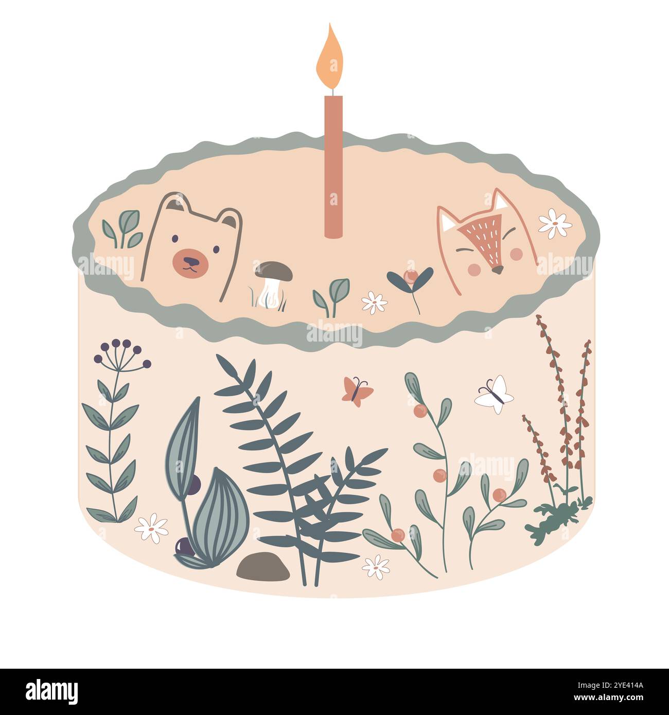 Cute bento cake decorated with forest plants, one lighting candle and ...