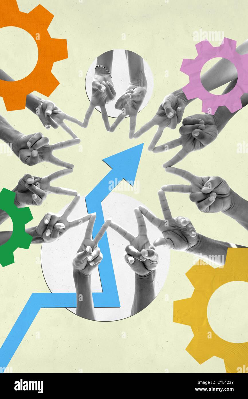 Vertical photo collage of business people hands show fingers star ...