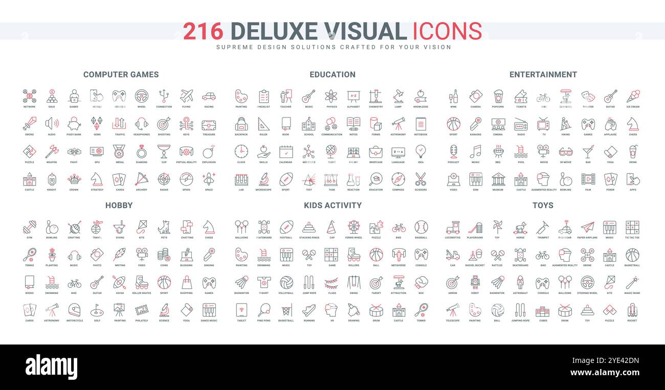 Online network and console games of different genres, sport and education, play with toys line ...