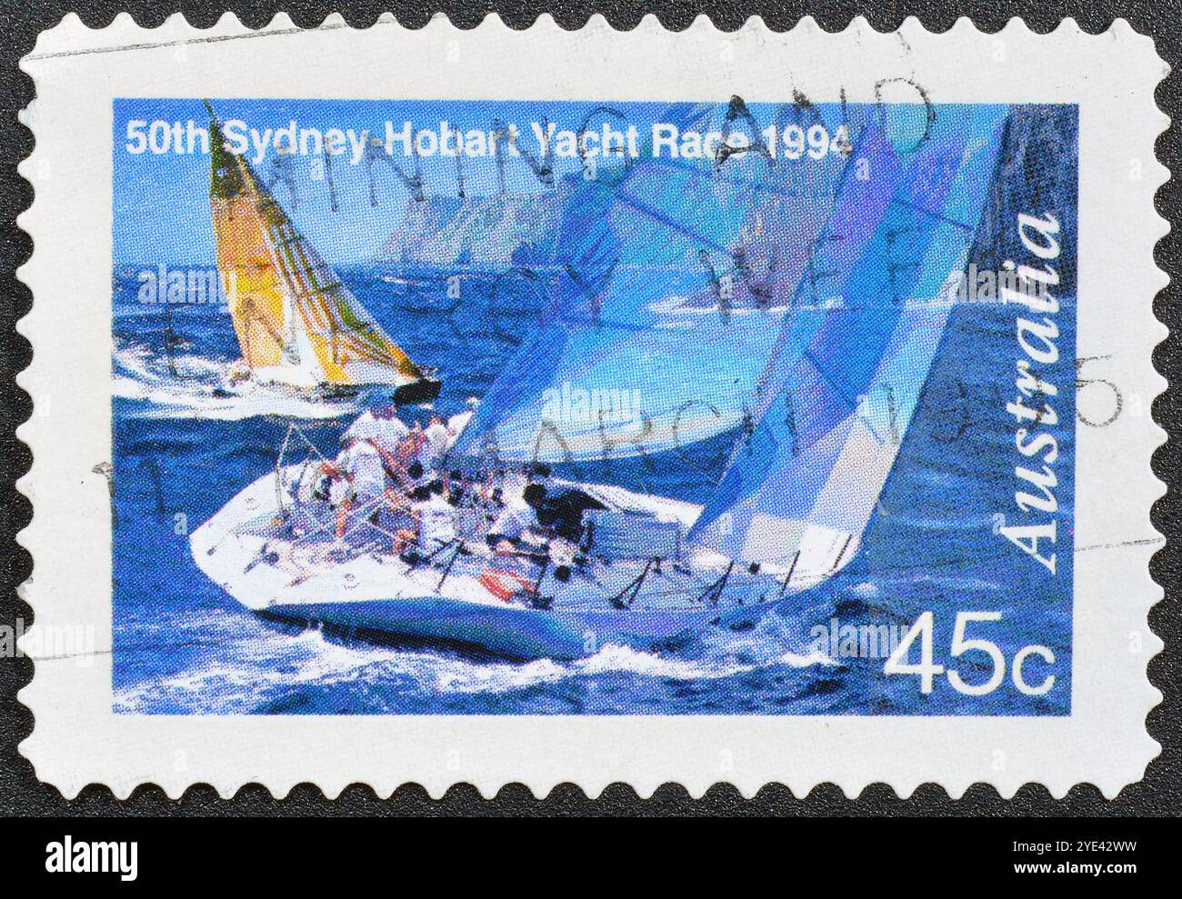 Cancelled postage stamp printed by Australia, that shows Yachts Passing ...