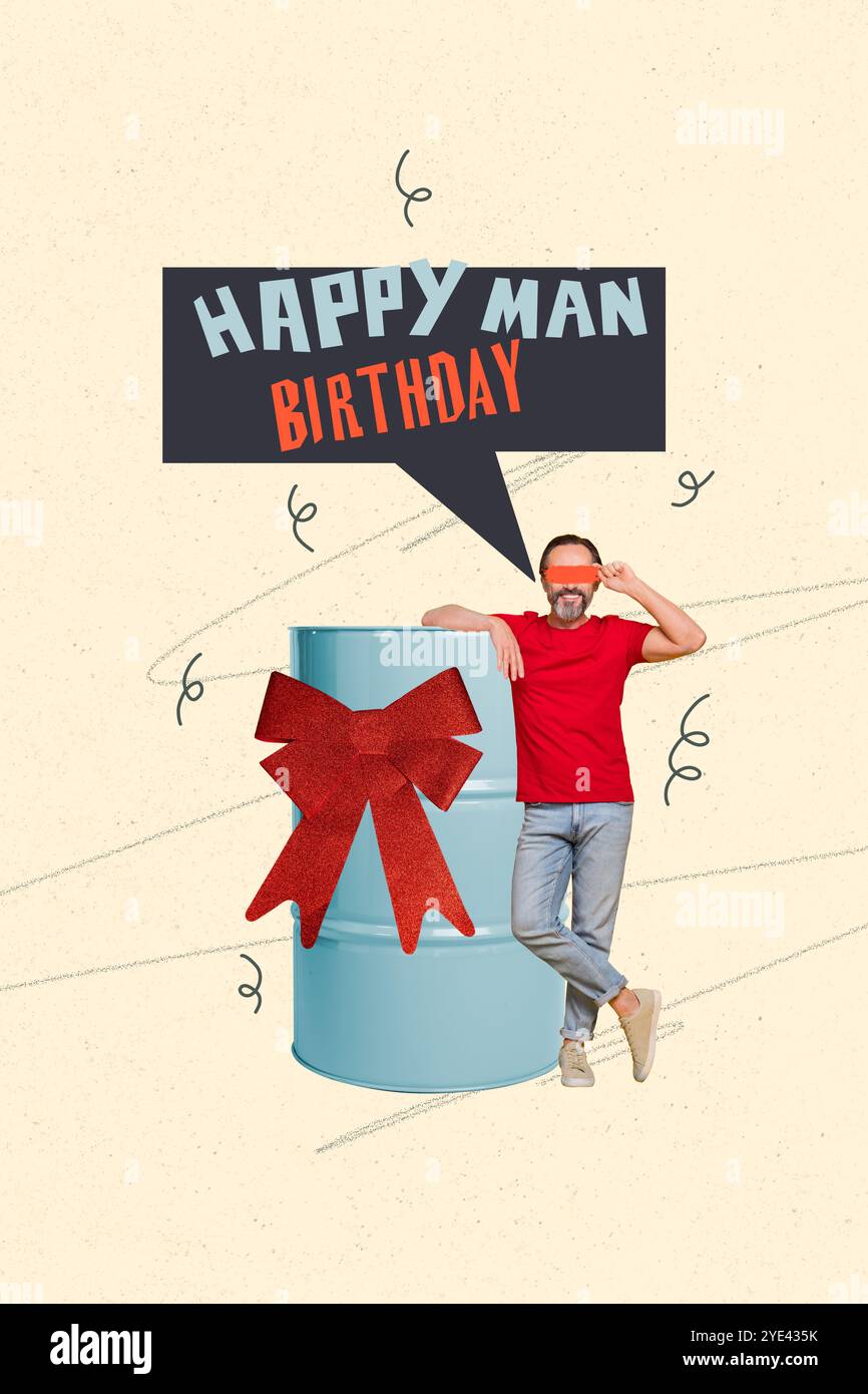 Vertical photo collage of happy man stand barrel birthday male present ...