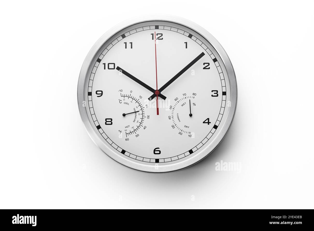 Wall clock with temperature, humidity meter watch isolated on white ...