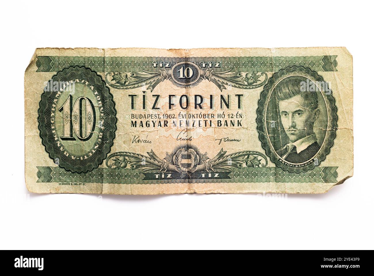 A vintage Hungarian 10 forint banknote from 1962, featuring detailed ...