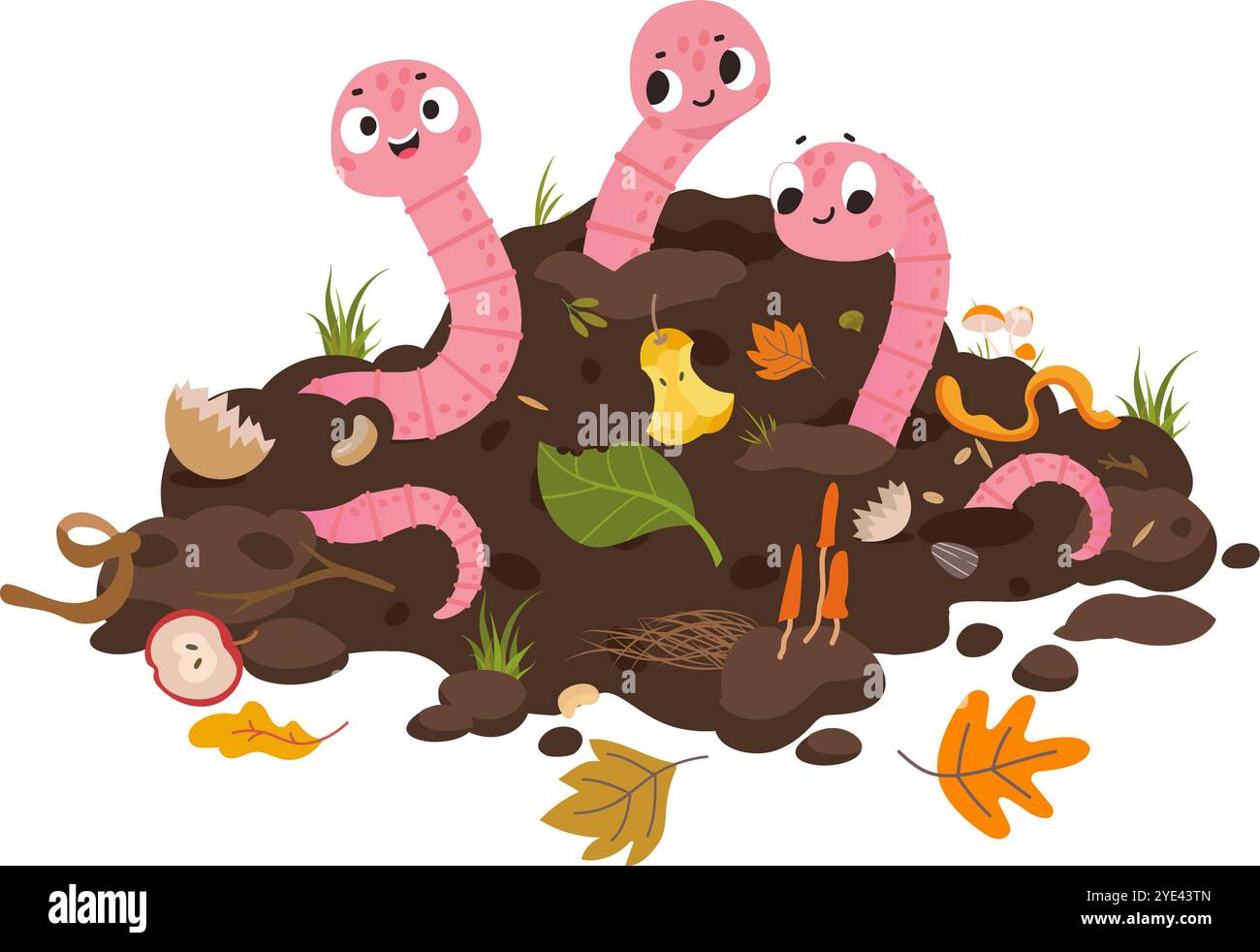 Worms and compost. Funny cartoon worm sitting in organic trash ...