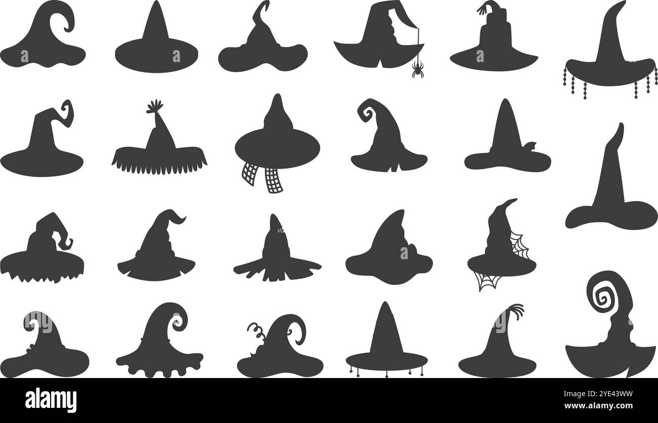 Black witch hats silhouettes. Isolated witches magician accessories ...