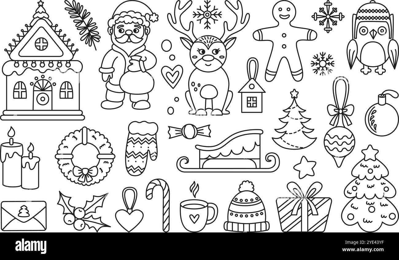 Christmas coloring page elements. Children cute xmas characters, santa ...