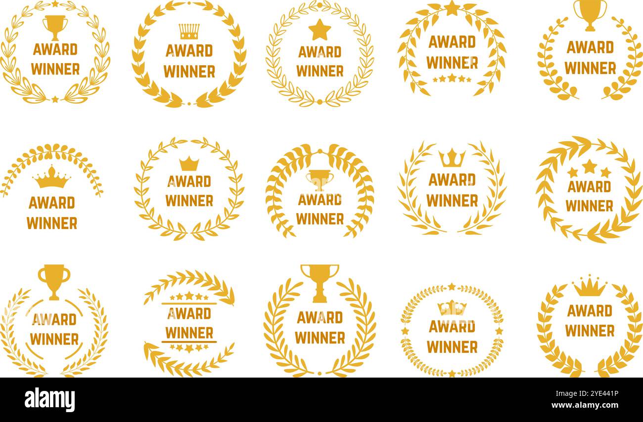 Floral award wreath. Gold wreaths with winner cup and text. Anniversary ...