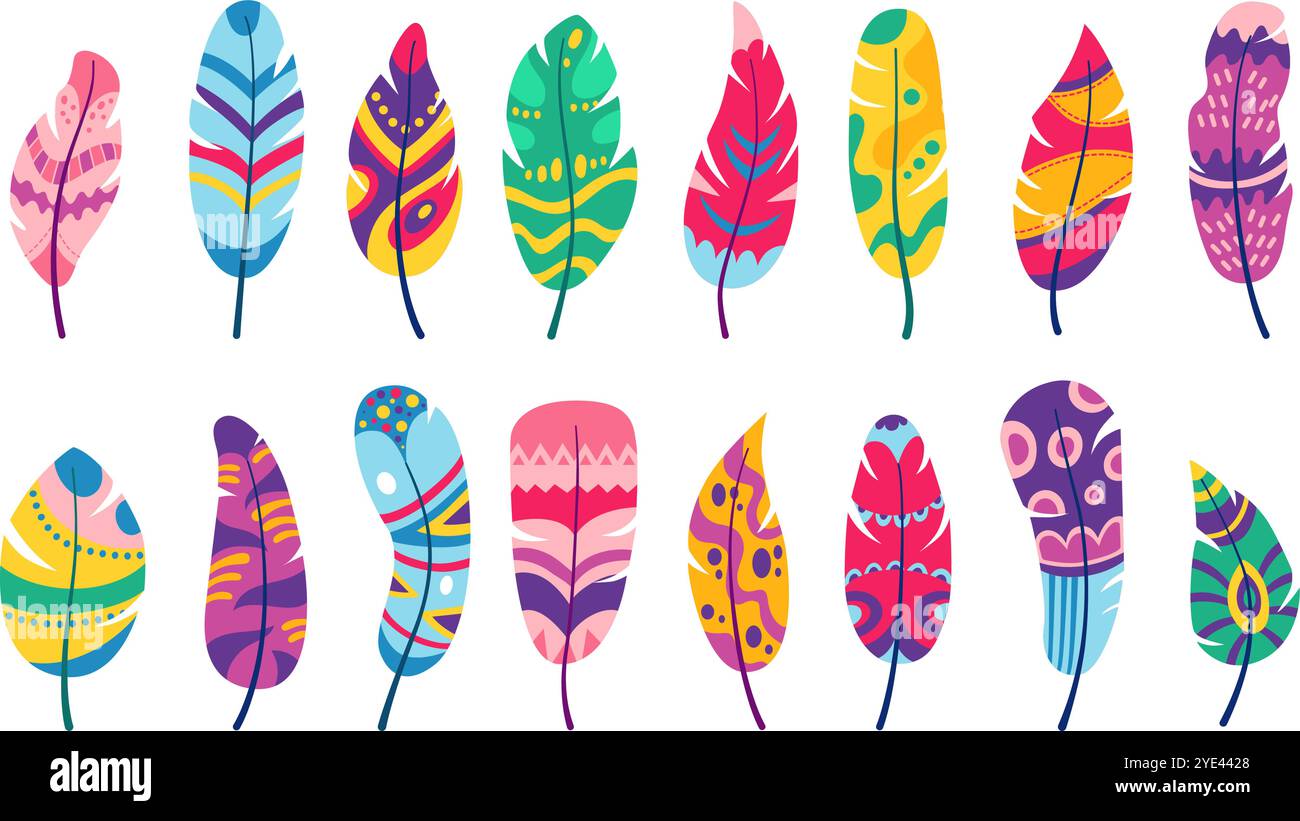 Cartoon feather. Boho style feathers decorative icons. Isolated flat ...