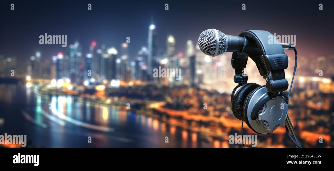 Radio studio microphone and city.Background design for show or podcast ...