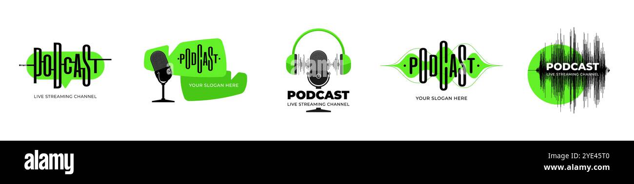 Radio broadcast studio logo set. Microphone and headphones with podcast ...