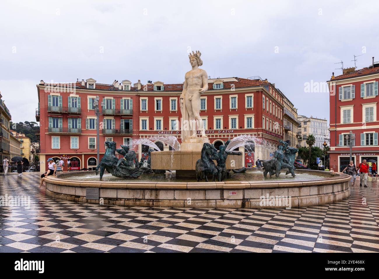 Fontaine du Soleil the Sun Fountain on the edge of Place Masséna. Greek ...