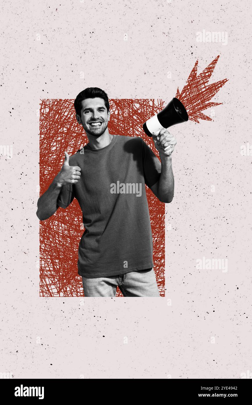 Vertical poster collage young man thumb up approval acceptance ...