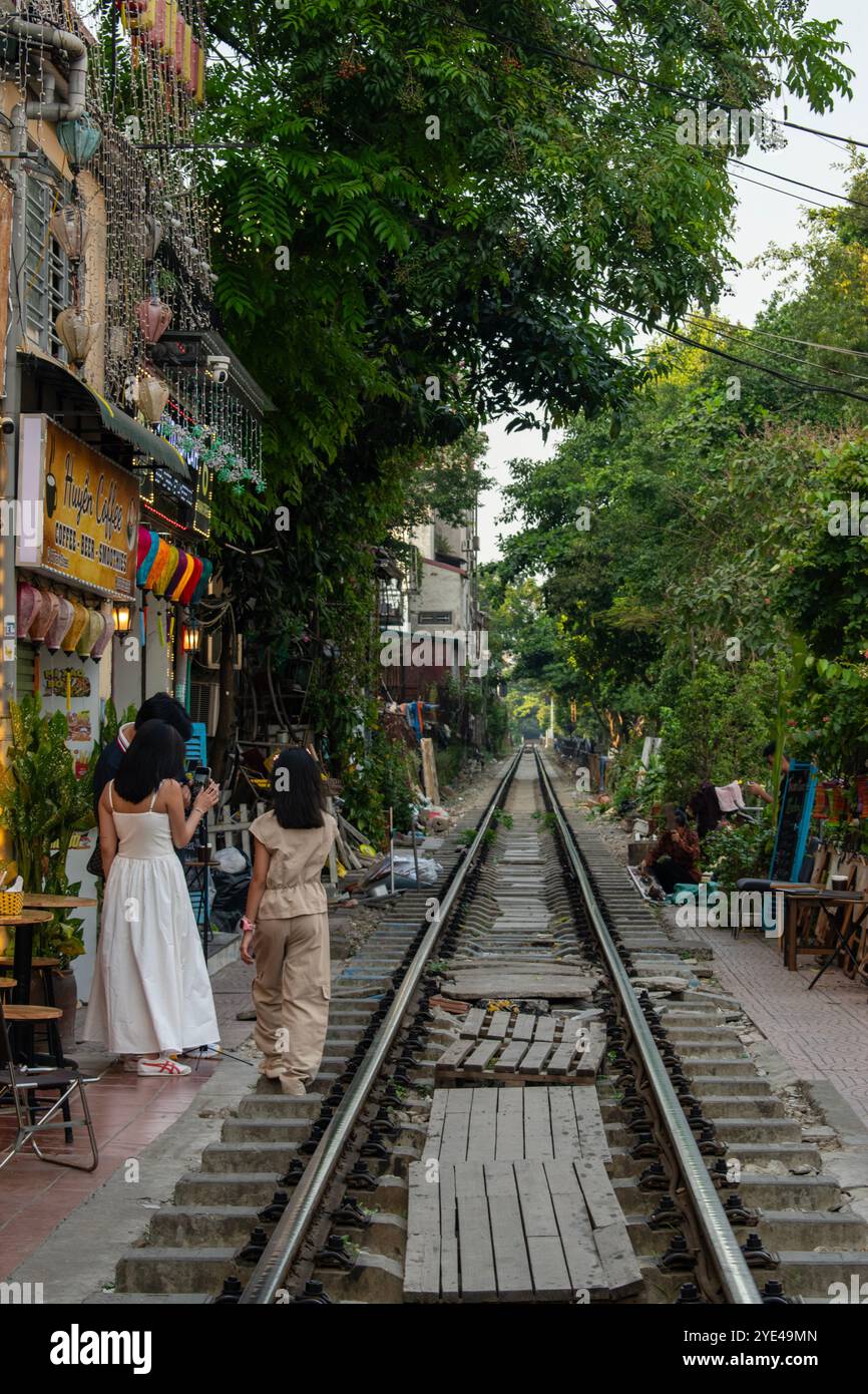 Vietnam: Hanoi Train Street, narrow train bypass which sees daily trains pass close to buildings ...