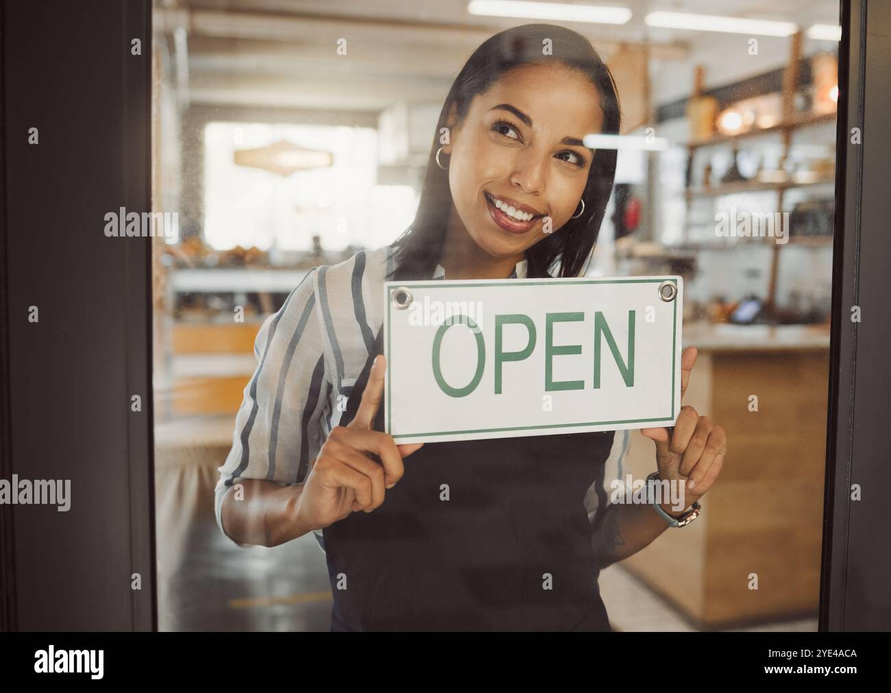 Open, sign and waiter by door of restaurant for announcement ...